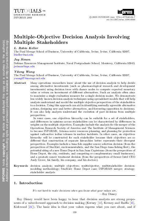 Pdf Multiple Objective Decision Making With Multiple Stakeholders