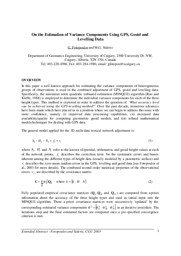 Pdf On The Estimation Of Variance Components Using Gps Geoid And Levelling Data