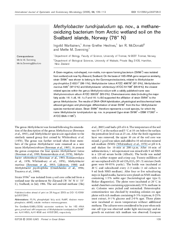 (PDF) Methylobacter tundripaludum sp. nov., a methane-oxidizing ...