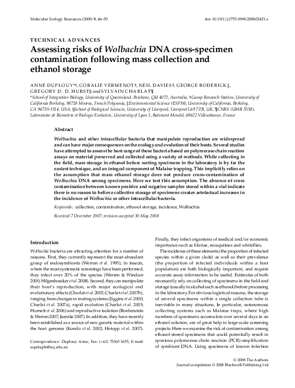 (PDF) Assessing risks of Wolbachia DNA cross-specimen contamination ...