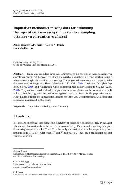 Pdf Imputation Methods Of Missing Data For Estimating The Population Mean Using Simple Random