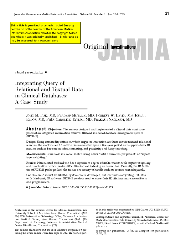 (PDF) Integrating Query of Relational and Textual Data in Clinical Databases: A Case Study