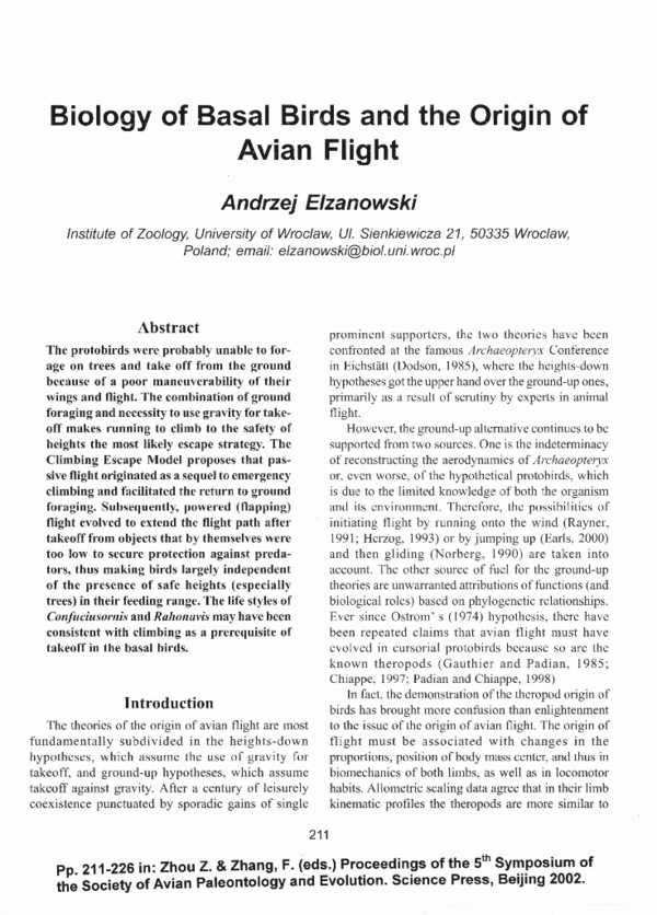 (PDF) Biology of basal birds and the origin of avian flight