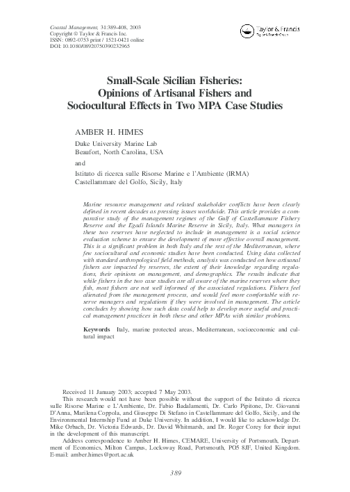 (PDF) Small-Scale Sicilian Fisheries: Opinions of Artisanal Fishers and Sociocultural Effects in ...