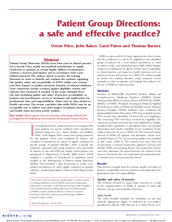 (PDF) Patient Group Directions: a safe and effective practice?
