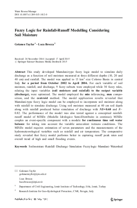 (PDF) Fuzzy Logic for Rainfall-Runoff Modelling Considering Soil Moisture