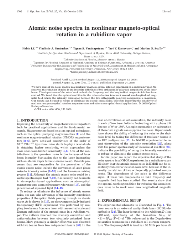 (PDF) Atomic noise spectra in nonlinear magneto-optical rotation in a ...