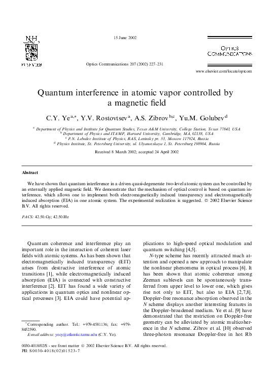 (PDF) Quantum interference in atomic vapor controlled by a magnetic field