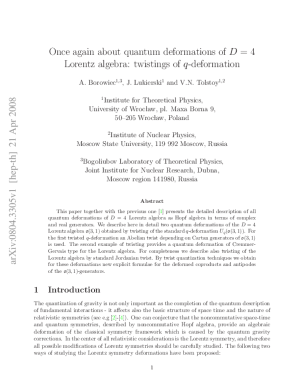 (PDF) Quantum deformations of D=4 Lorentz algebra revisited: twistings ...