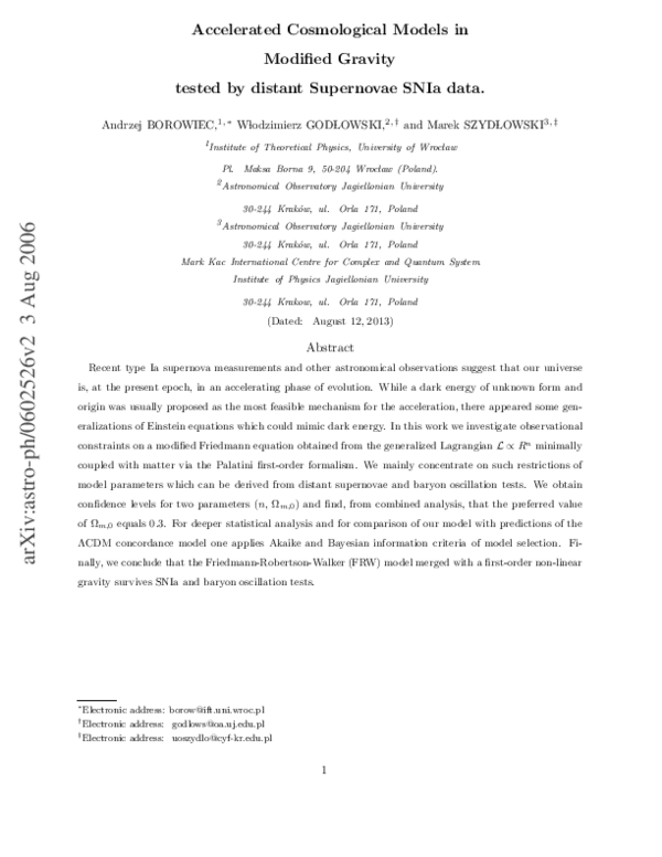 Pdf Accelerated Cosmological Models In Modified Gravity Tested By