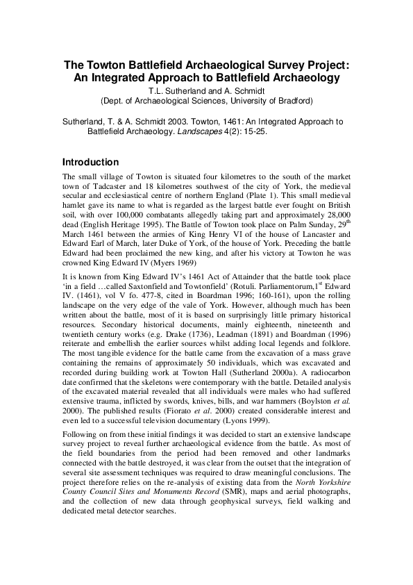 (PDF) The Towton Battlefield Archaeological Survey Project: an ...