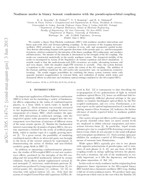 Pdf Nonlinear Modes In Binary Bosonic Condensates With Pseudospin Orbital Coupling