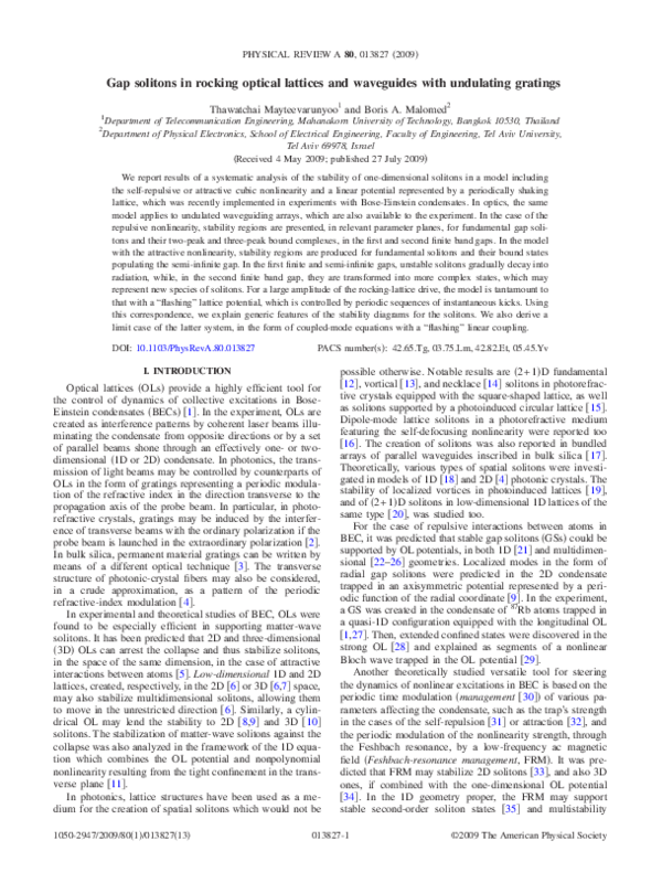 (PDF) Gap solitons in rocking optical lattices and waveguides with undulating gratings | Boris ...
