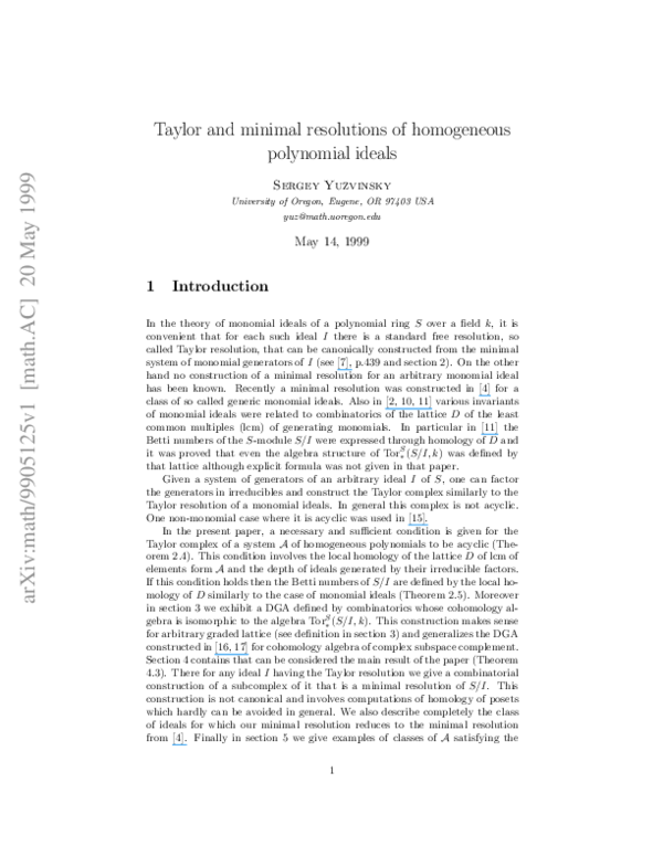 (PDF) Taylor and minimal resolutions of homogeneous polynomial ideals