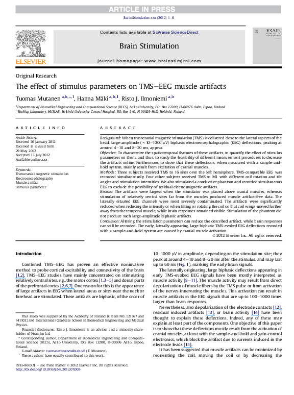 Pdf The Effect Of Stimulus Parameters On Tmseeg Muscle Artifacts