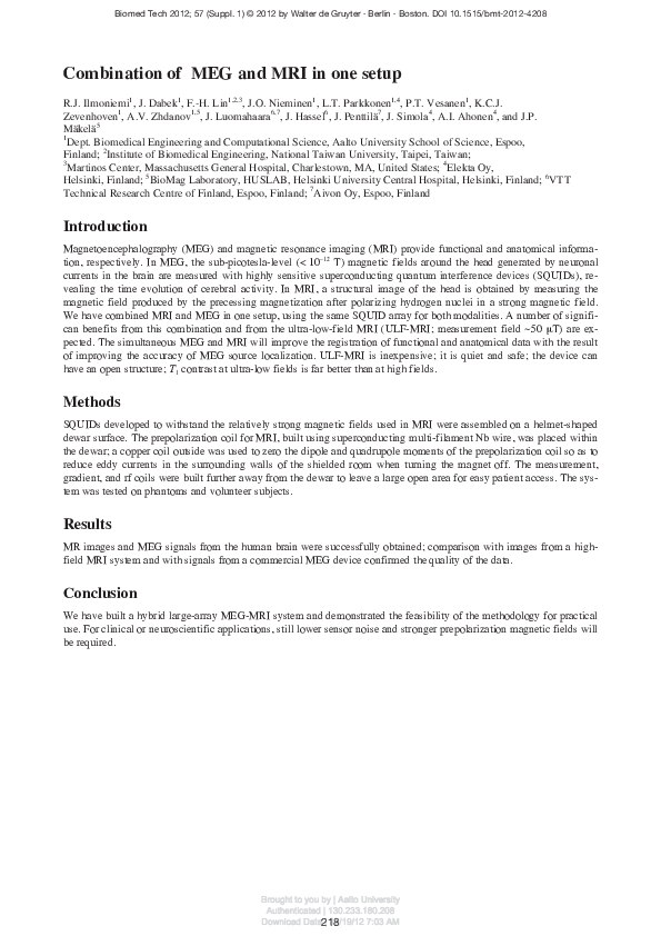(PDF) Combination of MEG and MRI in one setup