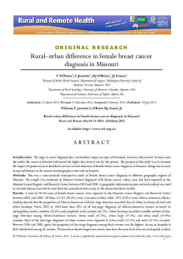 (PDF) Rural-urban difference in female breast cancer diagnosis in Missouri