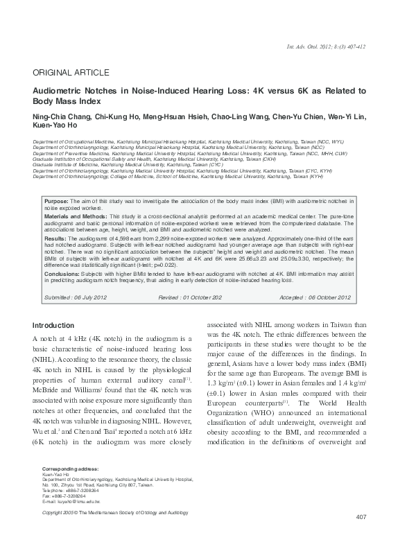 (PDF) Audiometric Notches in Noise-Induced Hearing Loss: 4K versus 6K ...