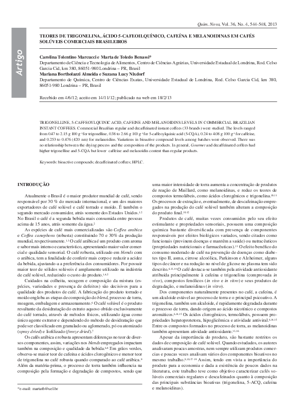 (PDF) Teores de trigonelina, ácido 5-cafeoilquínico, cafeína e ...