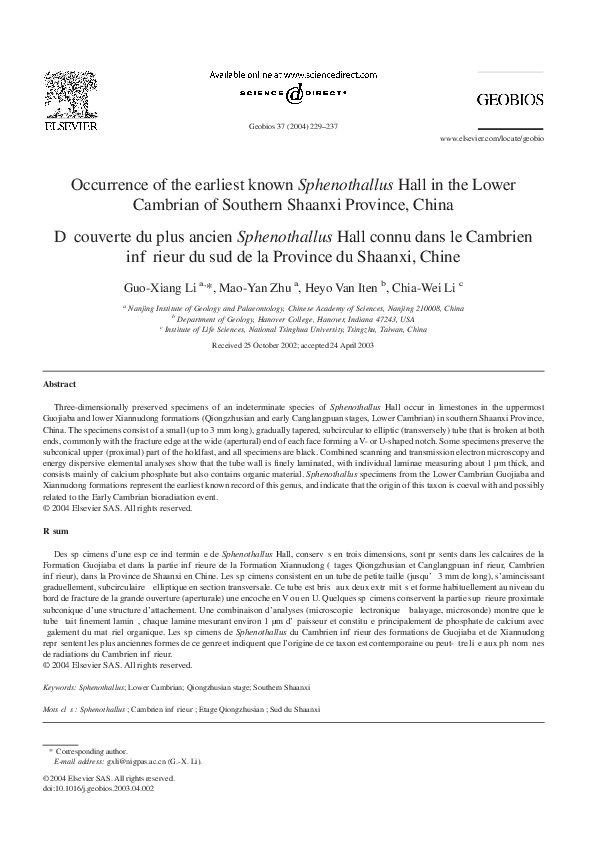 (PDF) Occurrence of the earliest known Sphenothallus Hall in the Lower ...