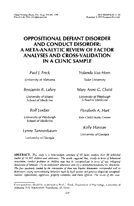 (PDF) Oppositional defiant disorder and conduct disorder: A meta ...