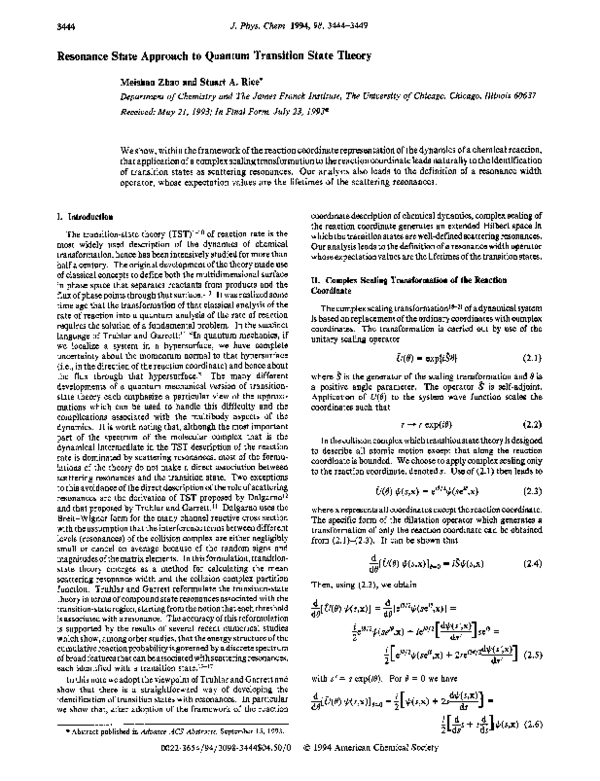 (PDF) Resonance state approach to quantum transition state theory