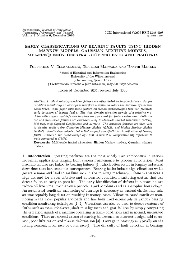 Pdf Early Classifications Of Bearing Faults Using Hidden Markov Models Gaussian Mixture
