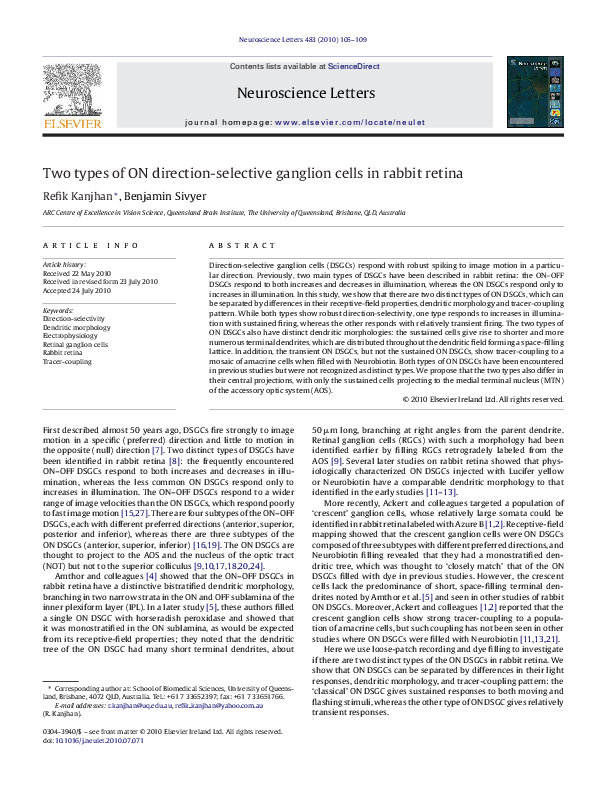 (PDF) Two types of ON direction-selective ganglion cells in rabbit retina