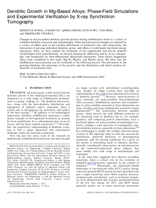 (PDF) Dendritic Growth in Mg-Based Alloys: Phase-Field Simulations and ...