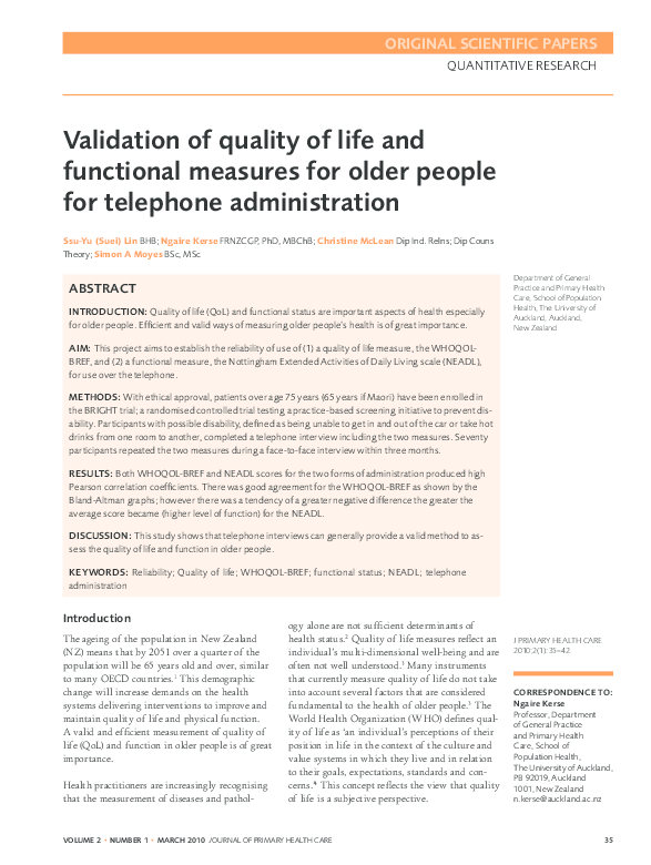 (PDF) Validation of quality of life and functional measures for older ...