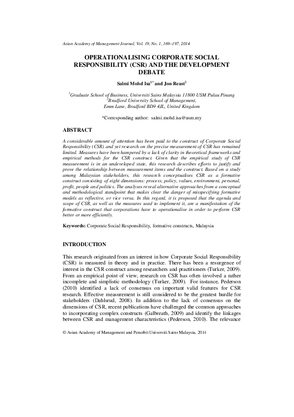 (PDF) OPERATIONALISING CORPORATE SOCIAL RESPONSIBILITY (CSR) AND THE ...