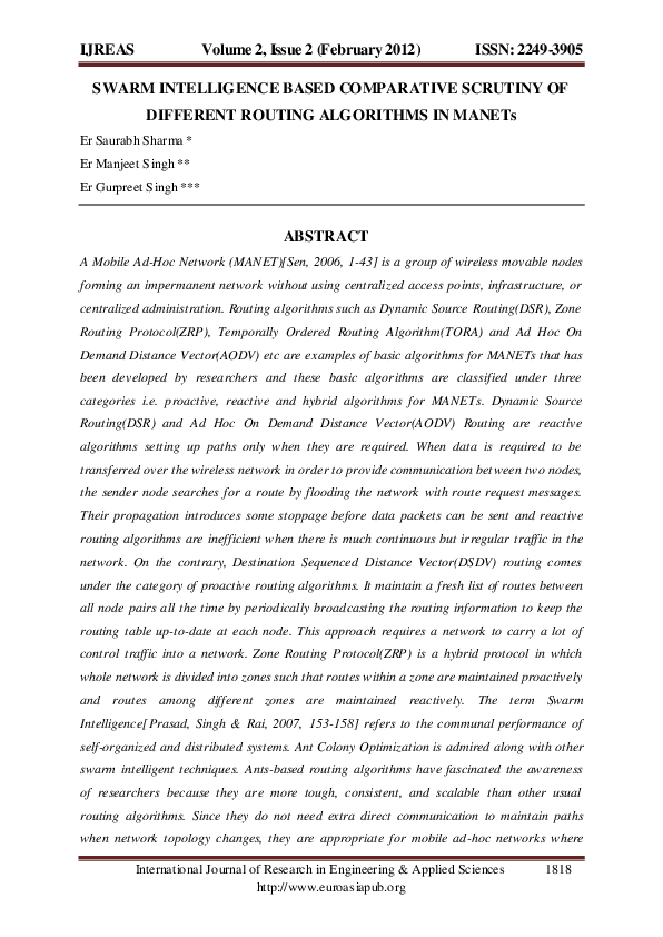 (PDF) Swarm intelligence based comparative scrutiny of different routing algorithms in MANETs