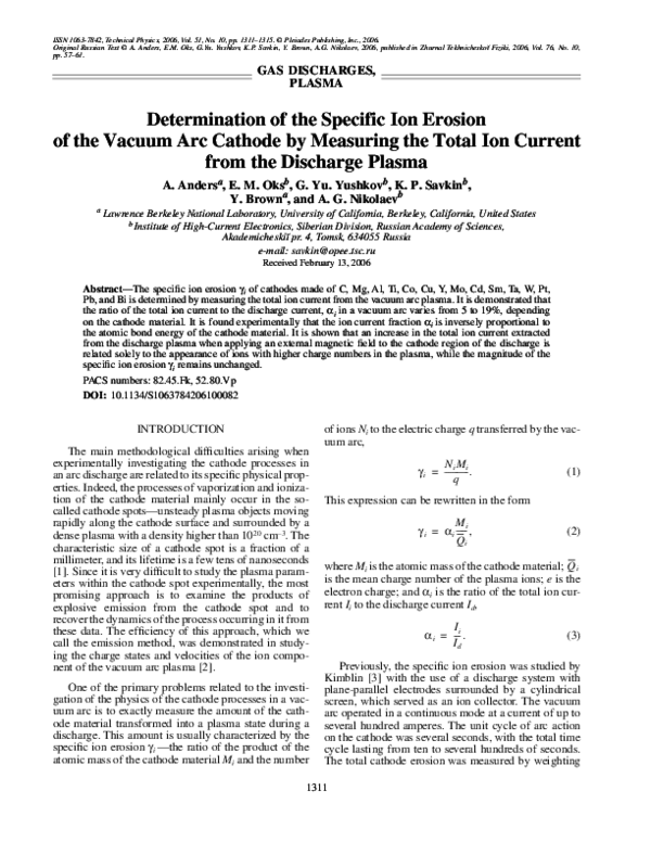 (PDF) Determination of the specific ion erosion of the vacuum arc cathode by measuring the total ...