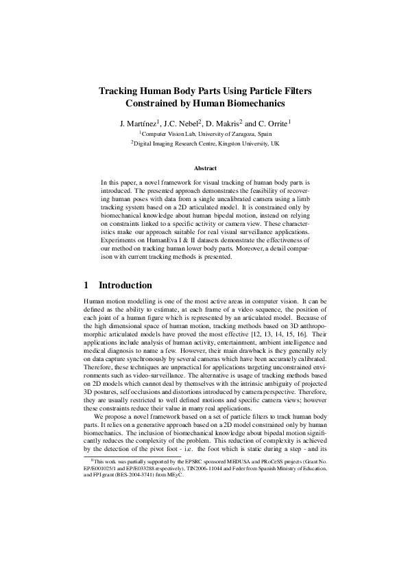 (PDF) Tracking Human Body Parts Using Particle Filters Constrained by Human Biomechanics