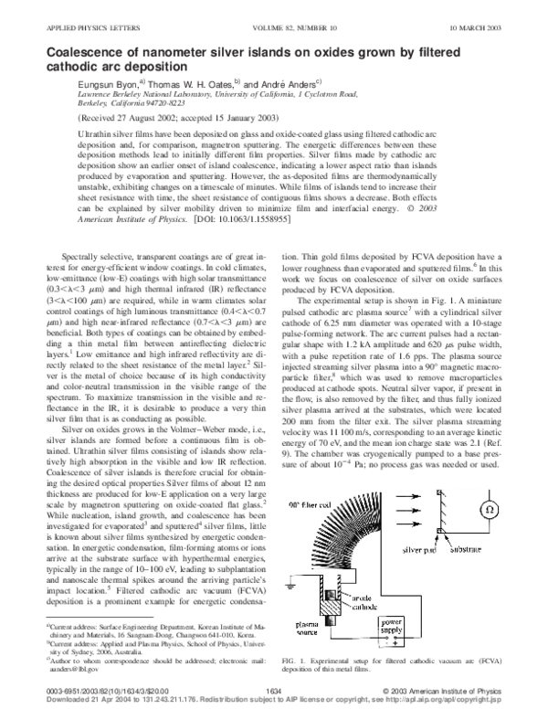 (PDF) Coalescence of nanometer silver islands on oxides grown by ...