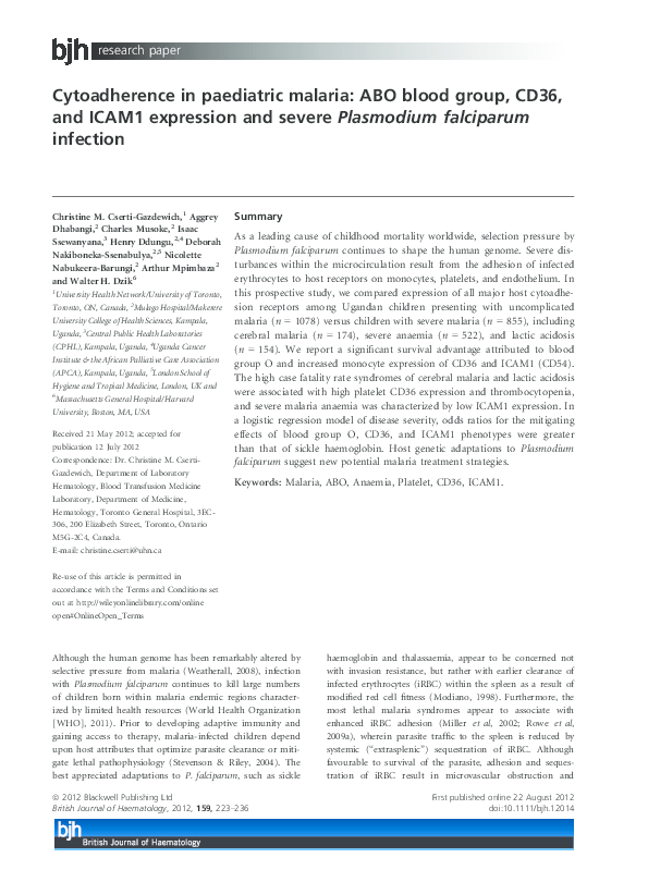 (PDF) Cytoadherence in paediatric malaria: ABO blood group, CD36, and ...
