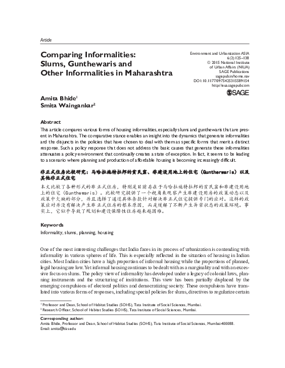 (PDF) Comparing Informalities: Slums, Gunthewaris and Other ...