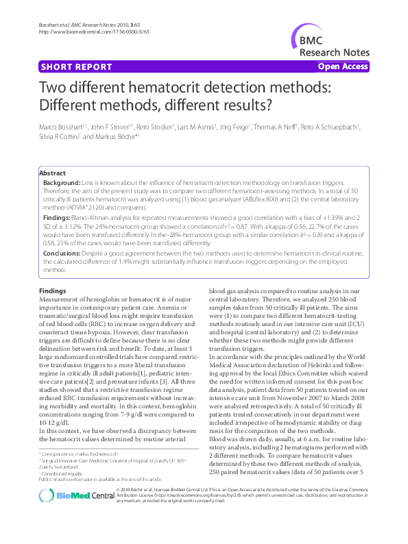 (PDF) Two different hematocrit detection methods: Different methods, different results?