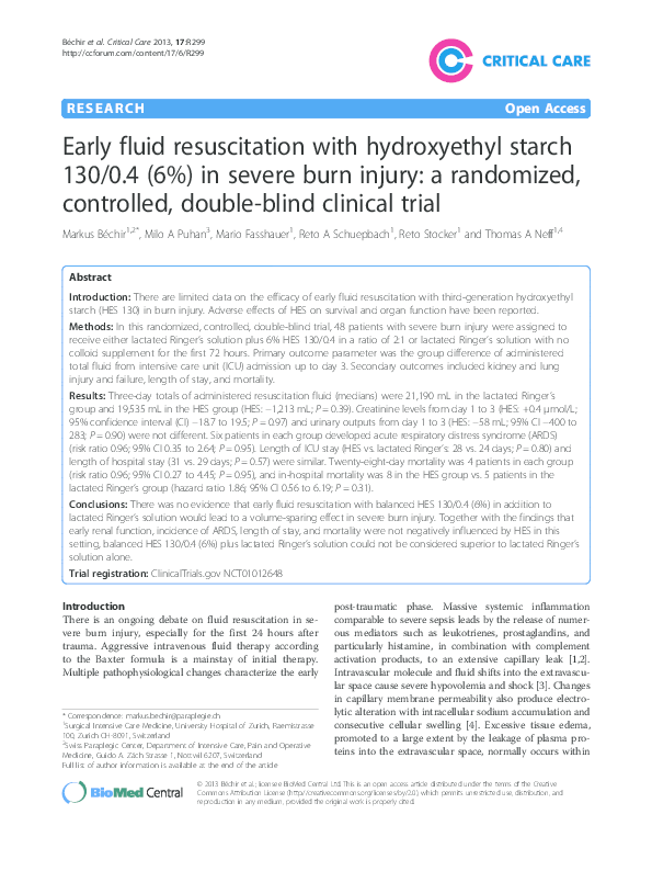 (PDF) Early fluid resuscitation with hydroxyethyl starch 130/0.4 (6%) in severe burn injury: a ...
