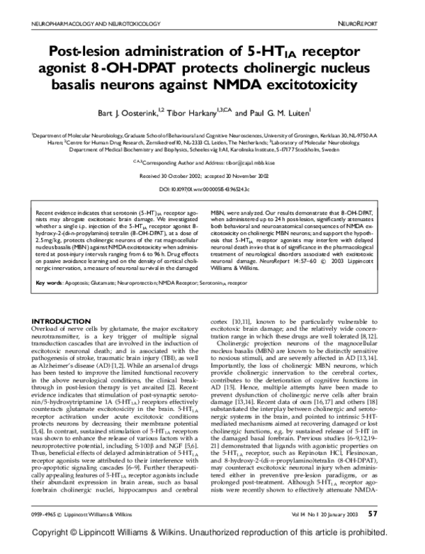 (PDF) Post-lesion administration of 5-HTIA receptor agonist 8-OH-DPAT ... (PDF) Post-lesion administration of 5-HTIA receptor agonist 8-OH-DPAT ...