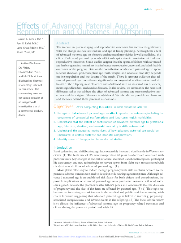 (PDF) Effects of Advanced Paternal Age on Reproduction and Outcomes in ...
