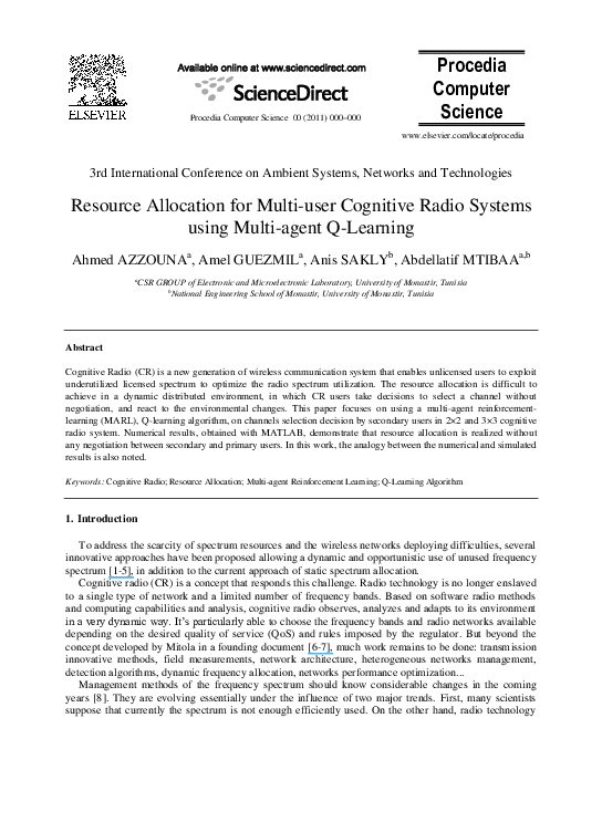 Pdf Resource Allocation For Multi User Cognitive Radio Systems Using Multi Agent Q Learning