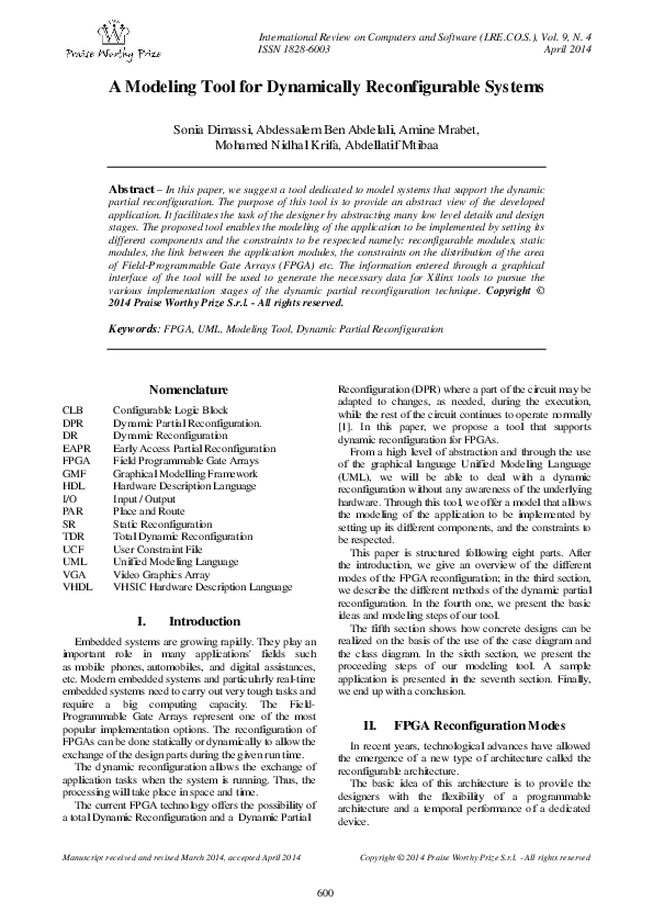 (PDF) A Modeling Tool for Dynamically Reconfigurable Systems (PDF) A Modeling Tool for Dynamically Reconfigurable Systems