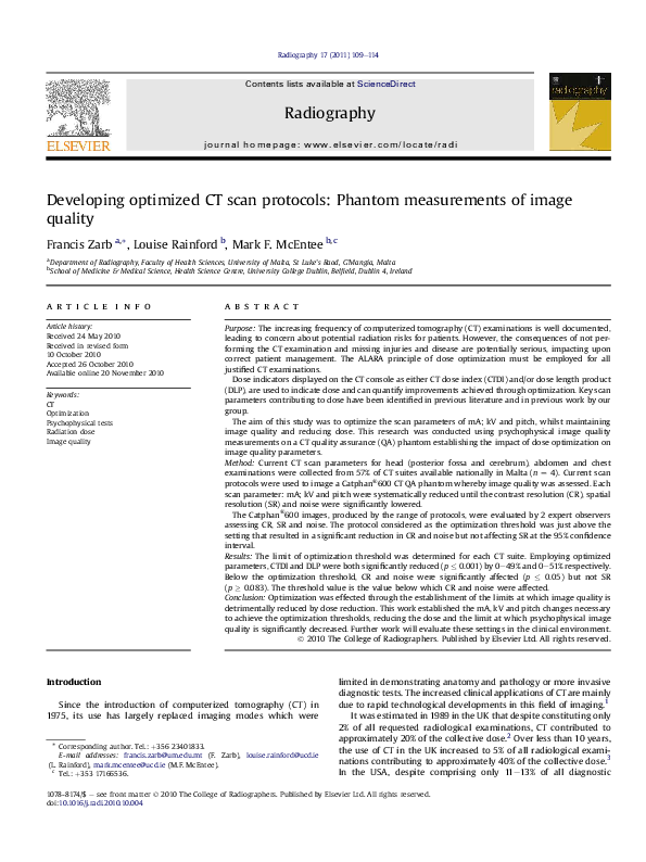 (PDF) Developing optimized CT scan protocols: Phantom measurements of ...