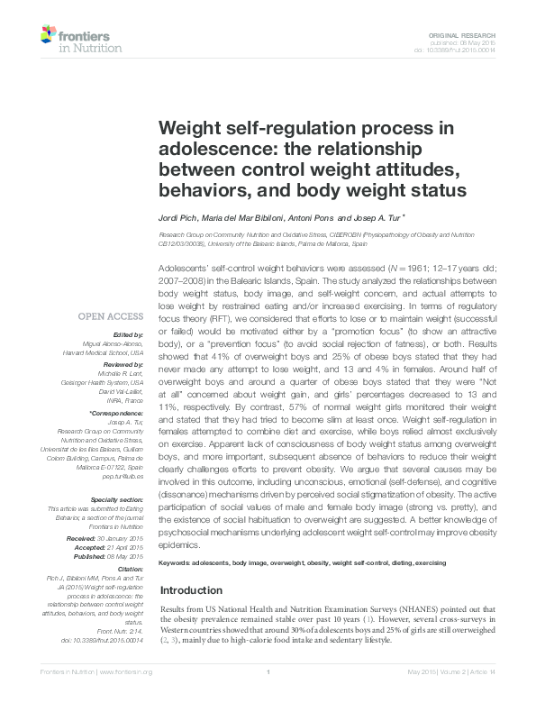 (PDF) Weight Self-Regulation Process in Adolescence: The Relationship ...
