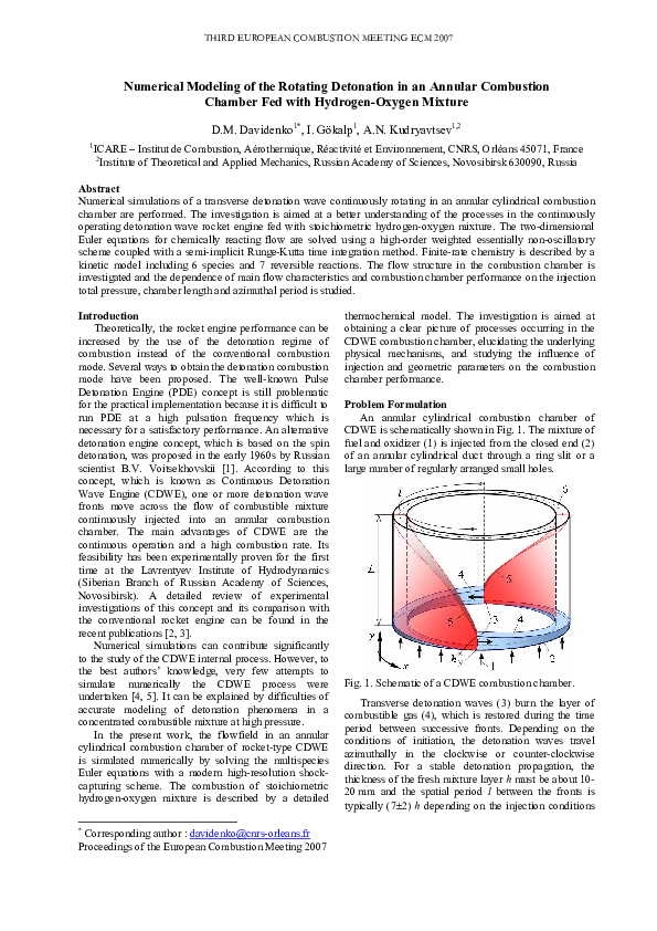 (PDF) Numerical Modeling of the Rotating Detonation in an Annular Combustion Chamber Fed with ...