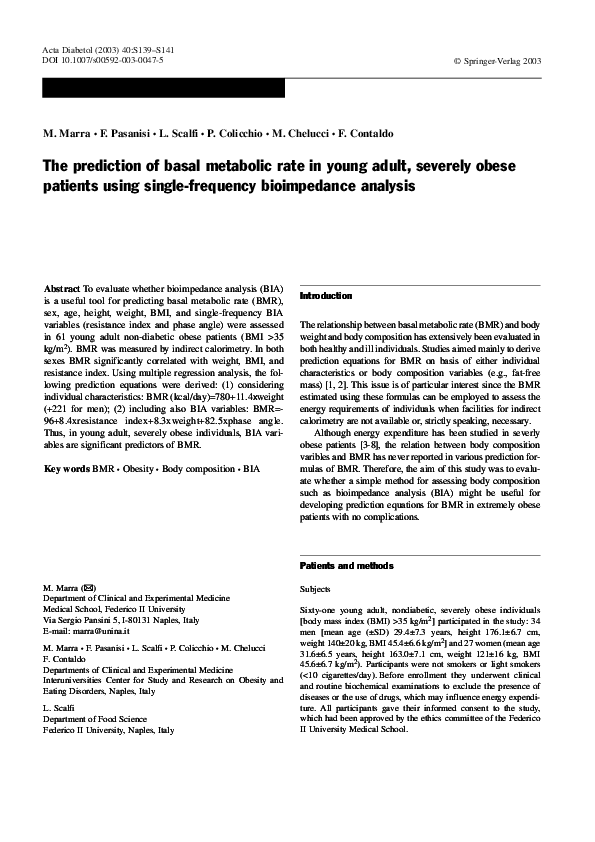 (PDF) The prediction of basal metabolic rate in young adult, severely ...