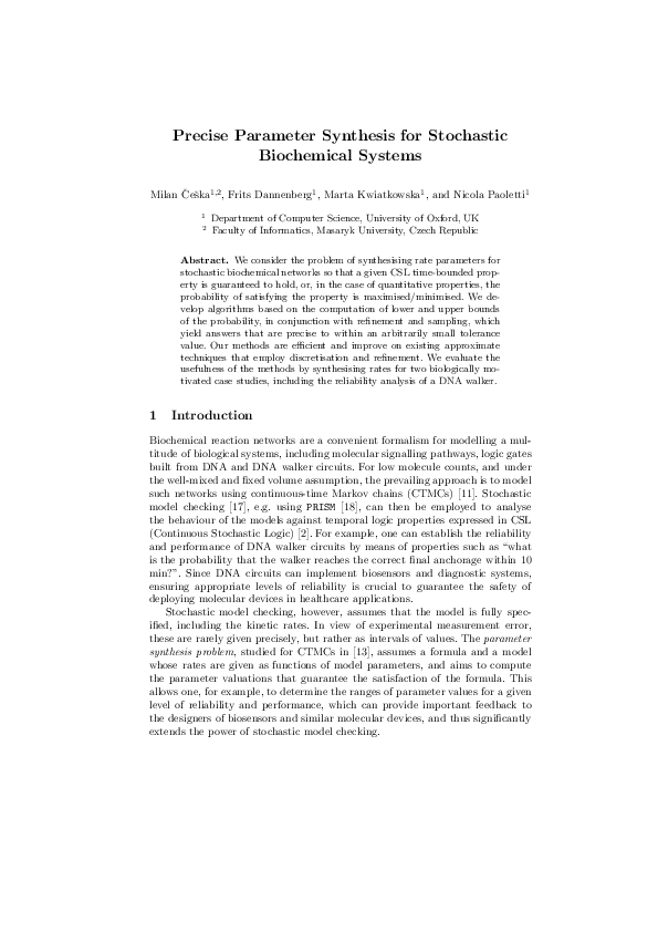 (PDF) Precise Parameter Synthesis for Stochastic Biochemical Systems