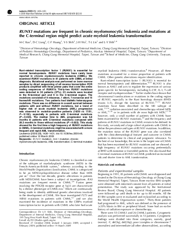 Pdf Runx1 Mutations Are Frequent In Chronic Myelomonocytic Leukemia And Mutations At The C