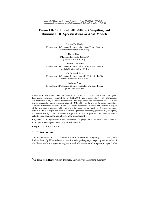(PDF) Formal Definition of SDL-2000 - Compiling and Running SDL Specifications as ASM Models